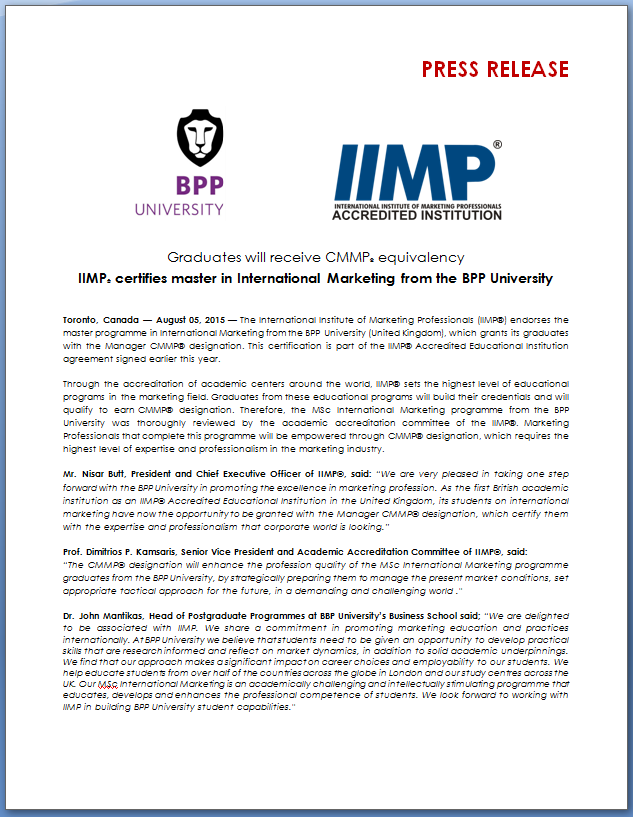 IIMP® certifies master in International Marketing from the BPP ...