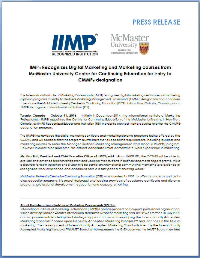 IIMP® Recognizes Digital Marketing and Marketing courses from McMaster ...